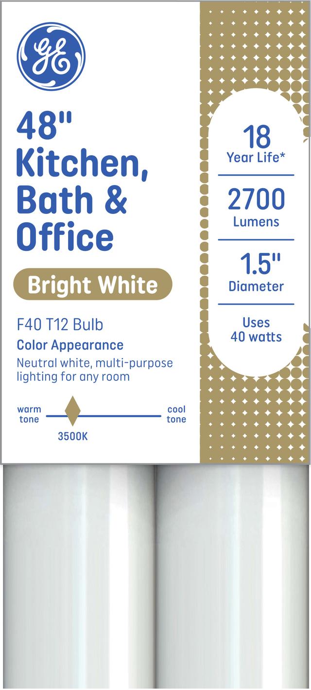 GE Bright White 40 Watt 48 Inch T12 G13 Base Fluorescent Tube 2 Pack GE Bright White 40 Watt 48 Inch T12 G13 Base Fluorescent Tube 2 Pack