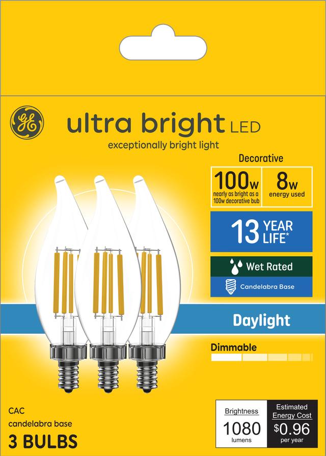 GE Ultra Bright LED 100 Watt Replacement, Daylight, CA12 Deco - Candle ...