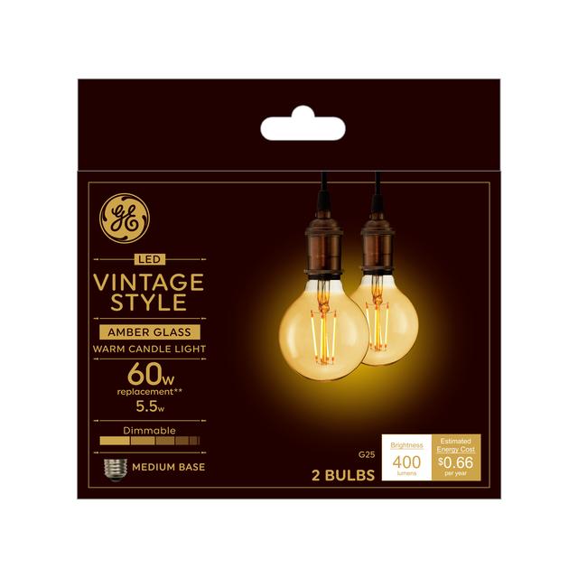 GE Vintage Style G25 LED Light Bulb, Vanity Globe Lights, Amber Glass, 60 Watt Replacement (2 Pack)