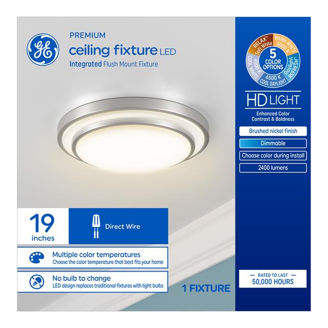 GE Ceiling Fixture LED 5-Color HD 32W Brushed Nickel 19" Integrated ...