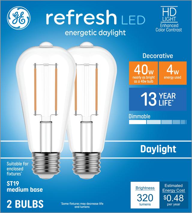 GE Refresh HD LED 40 Watt Replacement, Daylight, ST19 Edison Bulbs (2 Pack)