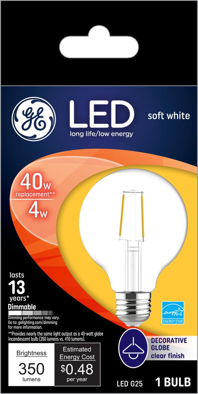 GE LED Light Bulb, 40 Watt Replacement, Soft White, G25 Vanity - Globe ...