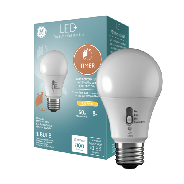 GE LED+ A19 Timer LED Light Bulb, Automatic Timer Light, 60 Watt ...