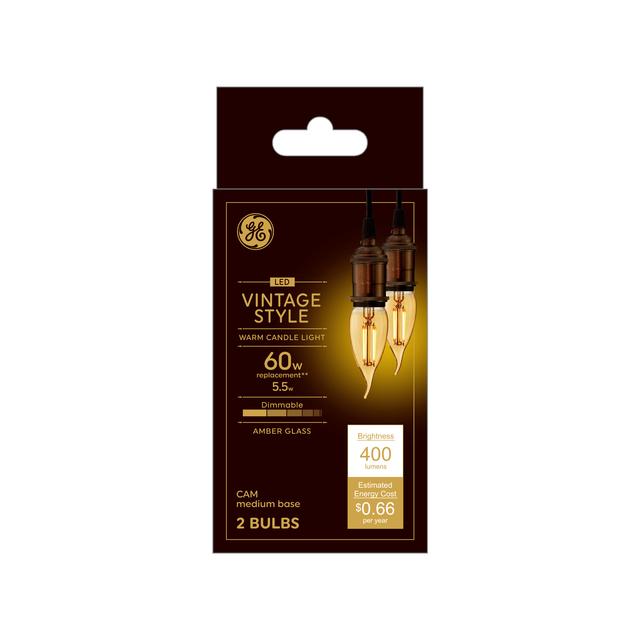 GE Vintage Style CA11 LED Light Bulb, Decorative Candle Bulbs, Amber Glass, 60 Watt Replacement ...
