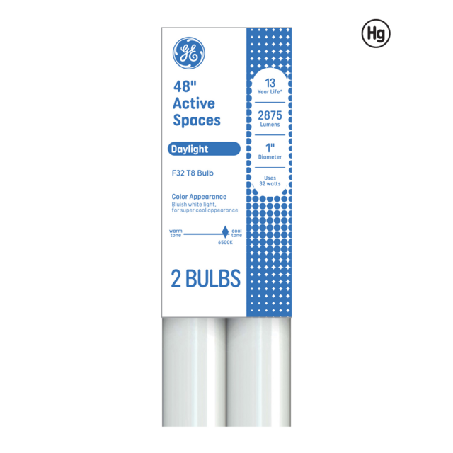 GE Daylight 32 Watt 47.24 Inch T8 G13 Base Fluorescent Tube 2 Pack